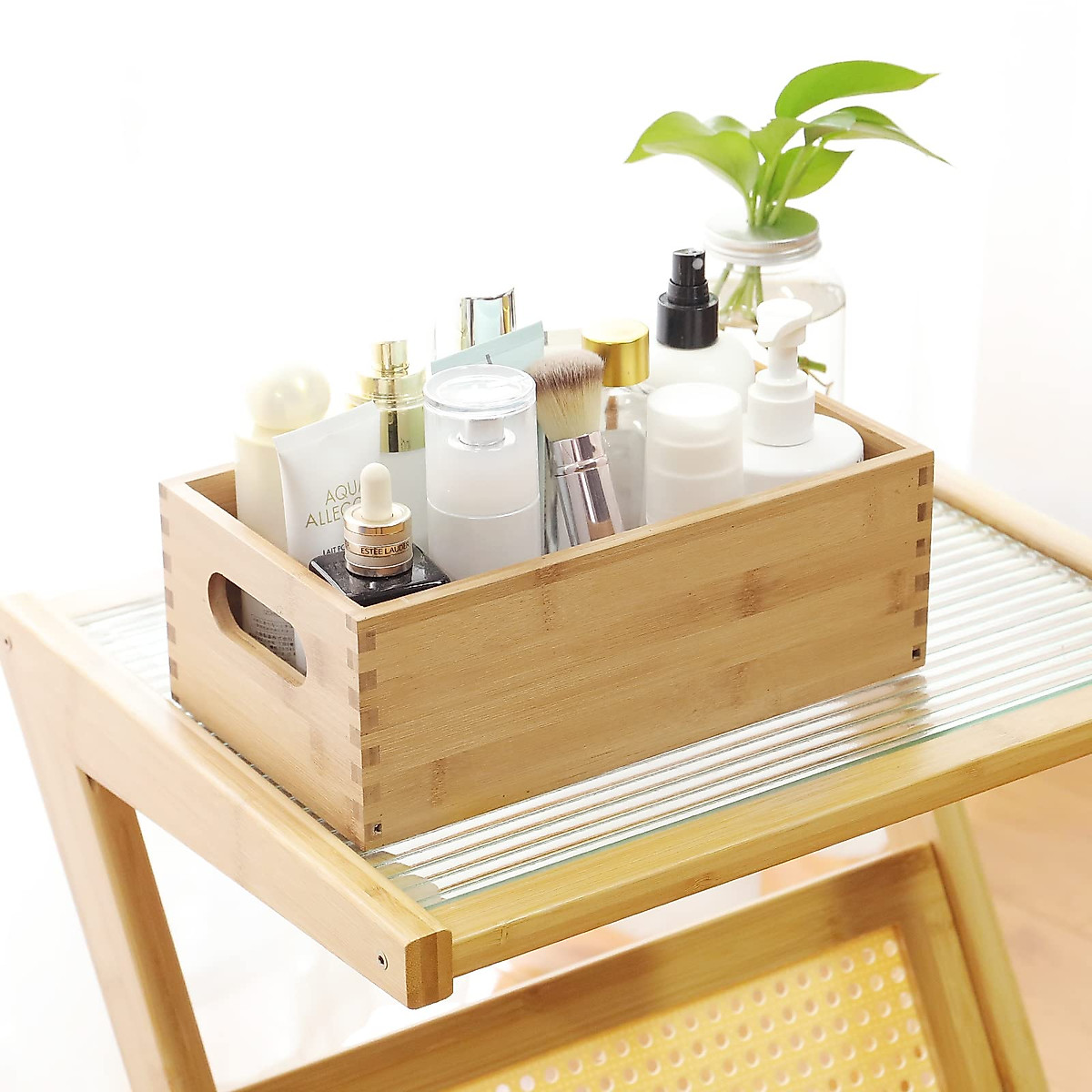 ANMINY Set of 4 Nesting Wooden Crates for Storage, Bamboo Wood Storage Containers Bins, Handmade Natural Large Wooden Storage Boxes Baskets with Handles for Organizing Shelf Closet Cabinet