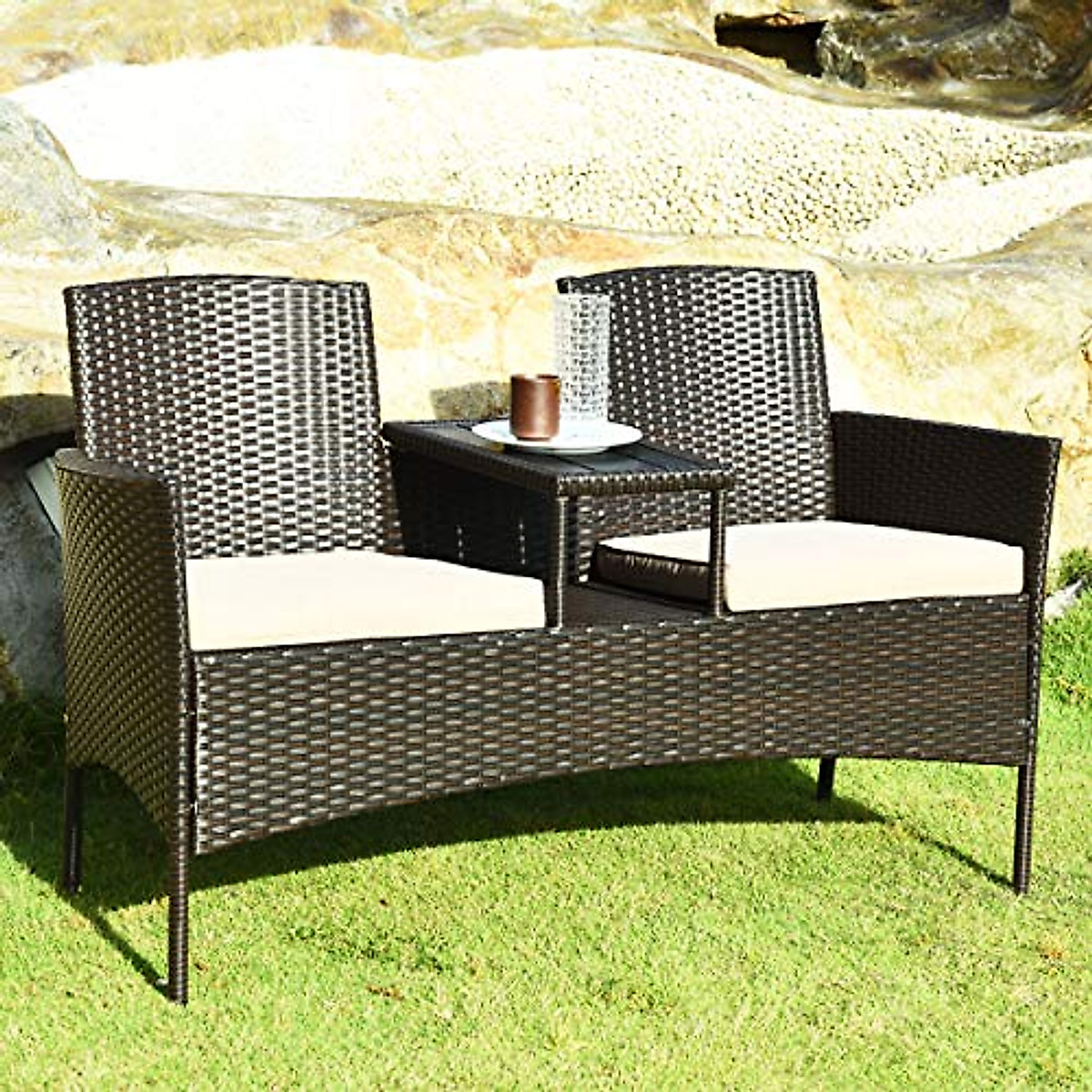DORTALA Outdoor Patio Loveseat, Wicker Patio Conversation Set with Removable Cushions and Coffee Table, Plastic Table Top, Modern Rattan Loveseat Sofa Set for Garden Lawn Backyard (Brown+White)