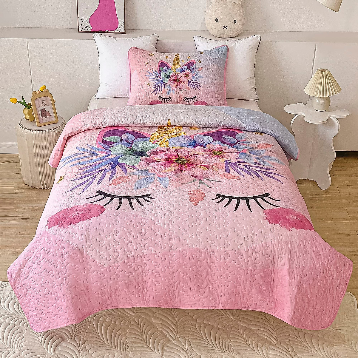 Twin Size Quilt Set for Girls 2-Piece Pink Unicorn Kids Comforter Bedding Set Stars Flowers Reversible Quilted Bedspread Coverlet Lightweight Bed Sheet Set Cover Throw Blanket with Pillow Sham