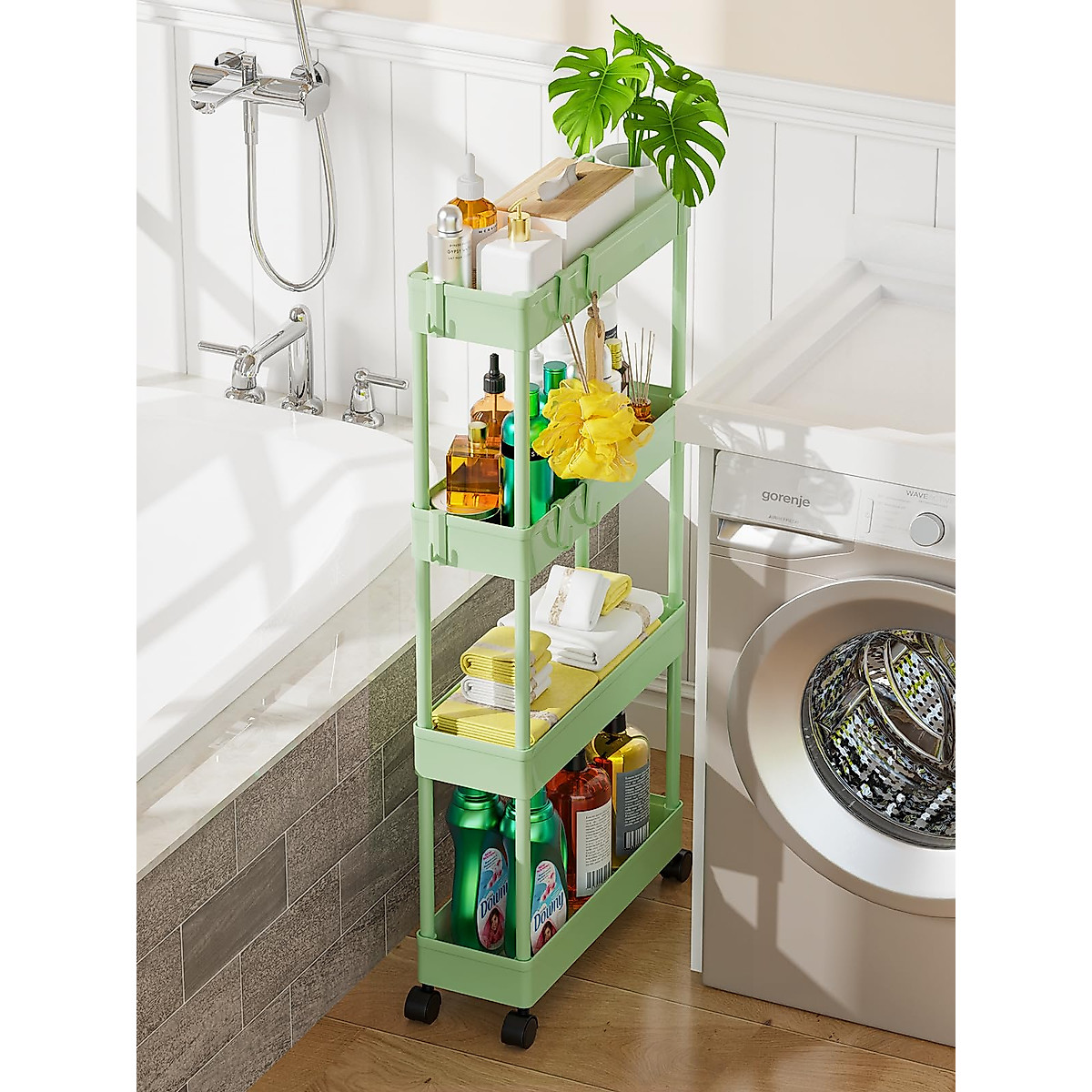 LEHOM 5.3" Slim Storage Cart - 4 Tiers Bathroom Organizer Mobile Shelving Unit Storage Rolling Utility Cart Slide Out Organizer for Kitchen Bathroom Laundry Narrow Places, Green