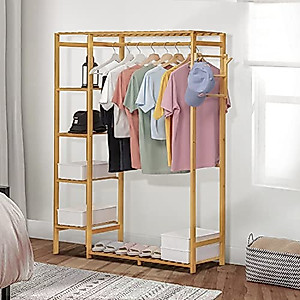 MoNiBloom Bamboo 6-Tier Garment Rack with Shelves Closet Coat Storage Organizer Clothes Hanging Rack with Pants Rack & Hooks for Bedroom, Living Room, Office, Mudroom, Natural