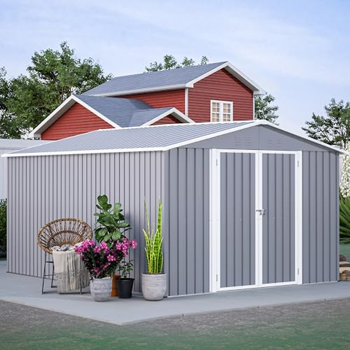 UBGO Storage Sheds 8 x 12 FT,Large Metal Garden Shed with Lockable Doors,Tool Sheds with Floor Frame,Outdoor Storage Shed for Backyard Garden Patio Lawn-Grey