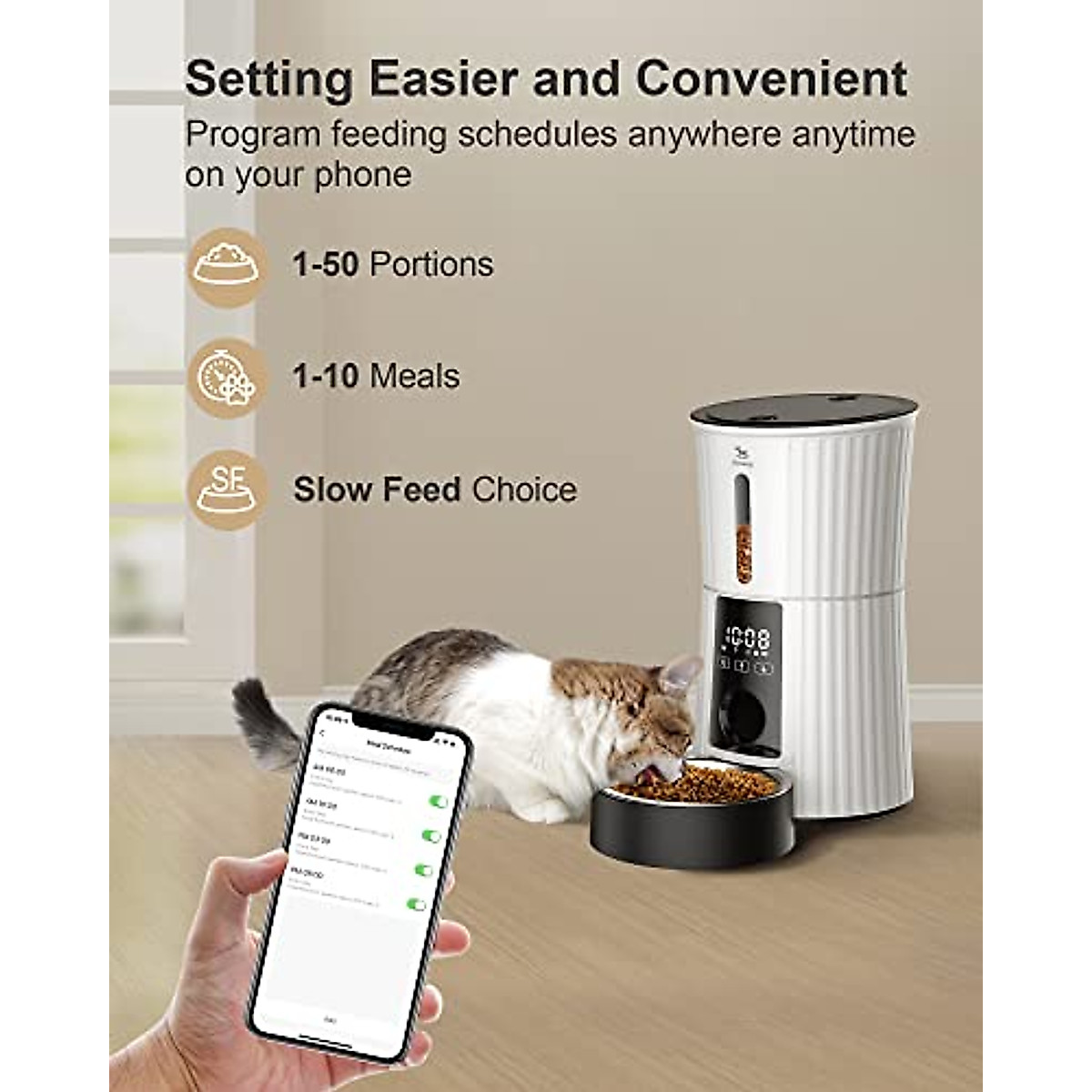 Petory Automatic Cat Feeders Wi-Fi - 4L Dry Food Dispenser for Cats and Dogs 10 Meals per Day Smart Pet Feeder with Desiccant Bag Dual Power Supply 10S Voice Recorder