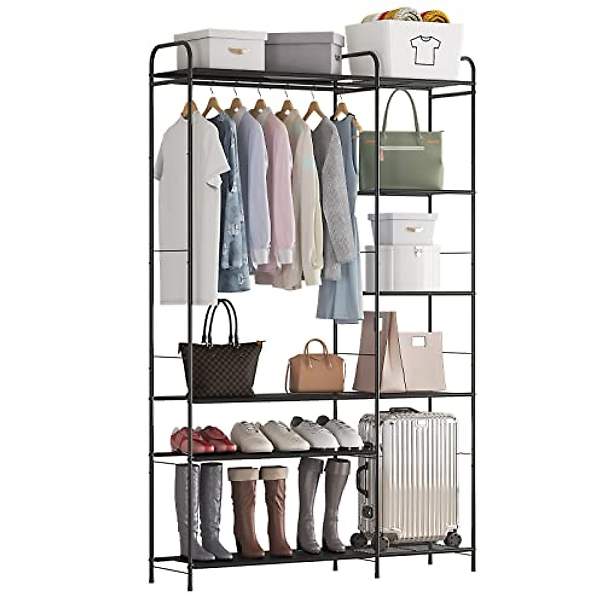Wisdom Star Garment Rack with Shelves for Hanging Clothes, Free-Standing Clothes Rack with Shelves for Bedroom, Bathroom, Metal Clothes Racks for Hanging Clothes, Coats, Skirts, Shoes, Large, Black