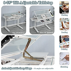 Gagawin Glass Drafting Table, Adjustable Height Drawing Table, Upgraded Hand Crank Artist Table with Stool for Home Office, Tilting Art Craft Desk w/2 Storage Drawers and Side Table, White