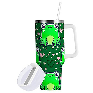 ODAWA 40 Oz Green Kawaii Frog Tumbler Cups with Handle and Straw, 2 in 1 Lid Stainless Steel Tumbler