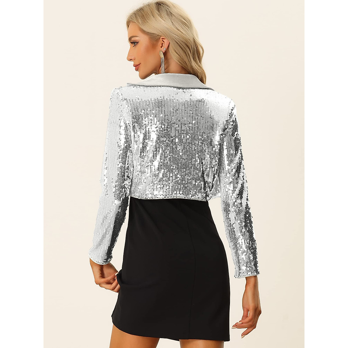 Allegra K Open Front Cardigan for Women's Notched Lapel Cropped Party Club Sparkly Sequin Blazer Large Silver