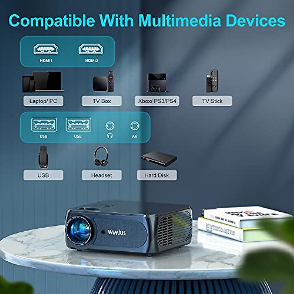 Projector, WiMiUS 2023 Newest 5G WiFi Bluetooth Projector, 480 ANSI Lumens Full HD 4K Projector Support 4P/4D Keystone, 50% Zoom, Bluetooth 5.2 Outdoor Video Projector for PC Smartphone USB (200000H)
