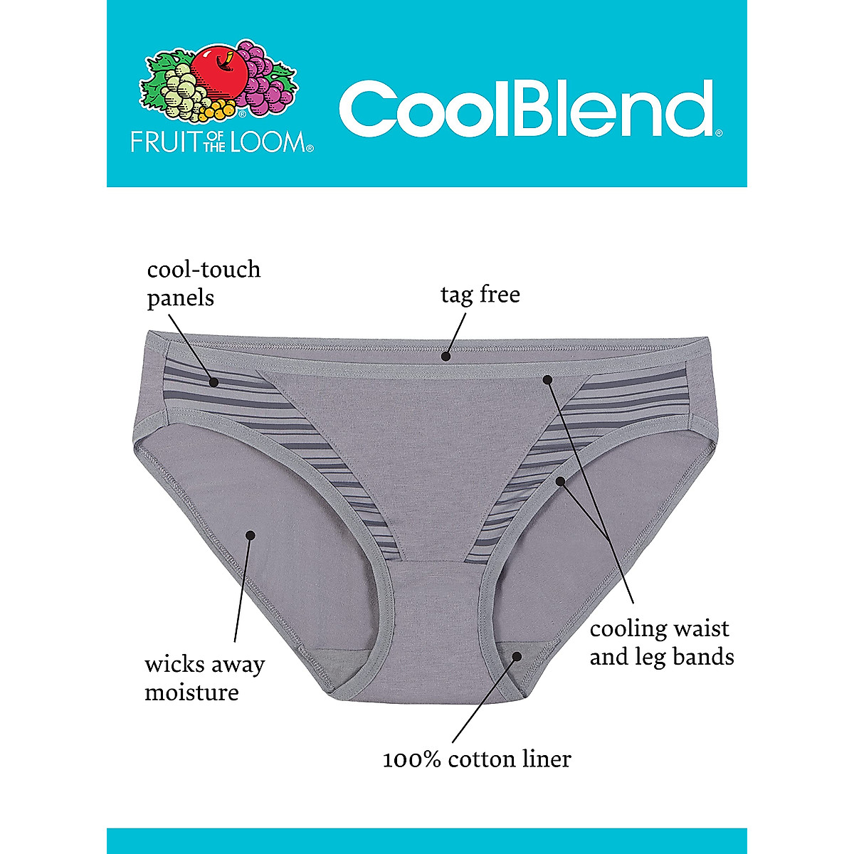 Fruit Of The Loom Womens Breathable Underwear, Moisture Wicking Keeps You Cool & Comfortable, Available Plus Size Bikini, Coolblend - Bikini - 4 Pack - Colors May Vary, 7 US