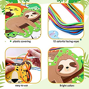 Jungle Animal Lacing Cards 12 Pack Sewing Kits for Kids Lion Wild Animal Cardboard Double Side Kids Sewing Cards Lacing Playing Games for Developing Imagination Preschool Educational Learning Activity