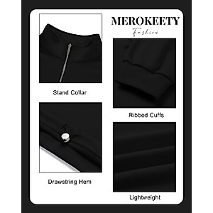 MEROKEETY Women's Quarter Zip Crop Sweatshirt Long Sleeve Stand Collar Drawstring Casual Pullover Top,Black,M