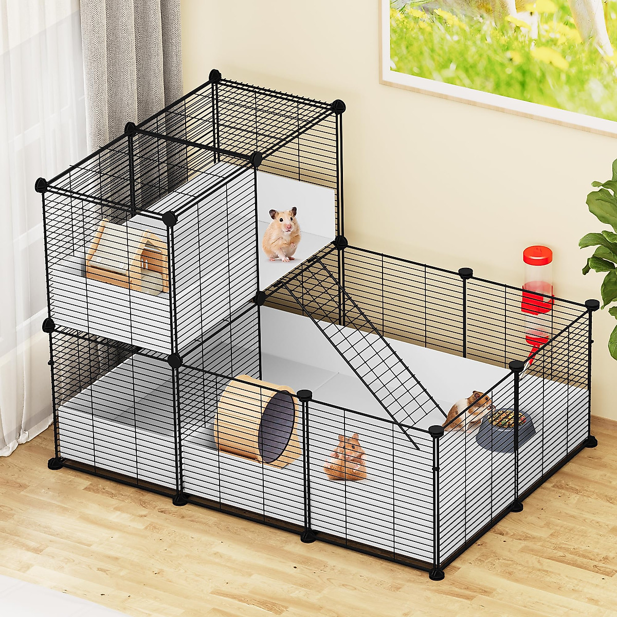 YITAHOME Guinea Pig Cage, Indoor C&C Small Animal Cage with Waterproof Plastic Liner, Loft and Partition for Bunny, Chinchilla and Hamster, Habitat Fence Playpen with 25PCS Pannels