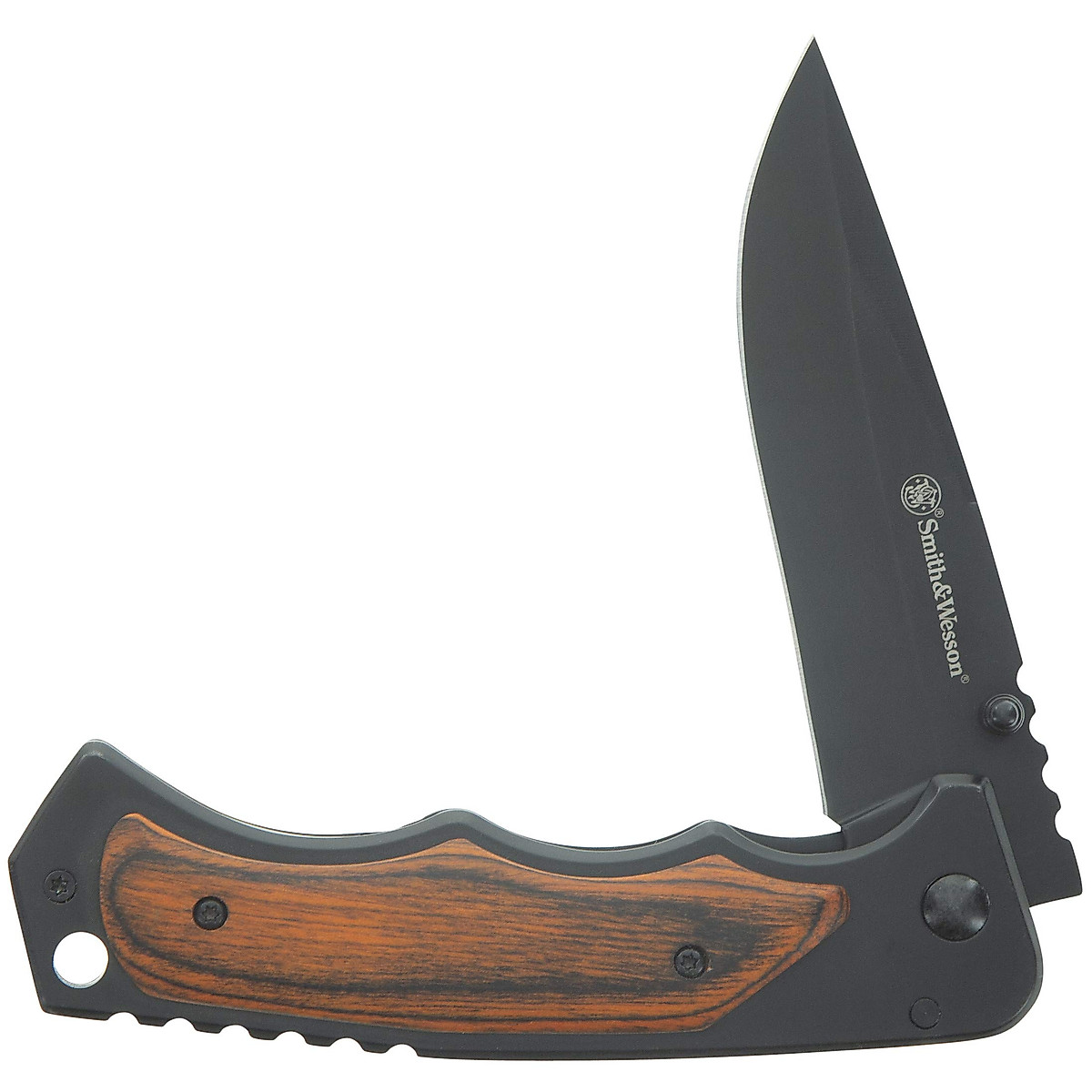 Smith & Wesson 8.5in S.S. Folding Knife with 3.7in Drop Point Blade and S.S. and Real Wood Insert Handle for Outdoor, Tactical, Survival and EDC