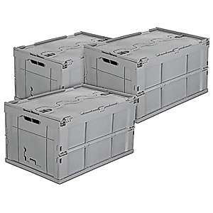 Mount-It! Folding Plastic Storage Crate, PACK OF 3, Collapsible Utility Distribution Container with Attached Lid, 65L Liter Capacity, Gray,