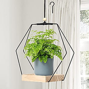 Kitypartsy Plant Hanger with Wood Base - Hanging Plant Holder, Hanging Planter/Pot for Indoor Plants Boho Macrame for Wall/Window/Room Decor, Black - Hexagon (Planter/Plants Not Included)