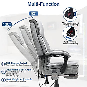 HOMREST Reclining Chair with Massage, Ergonomic Office Breathable Fabric Executive Computer Chair w/Retractable Footrest, High Back Swivel Recliner for Office Home Study