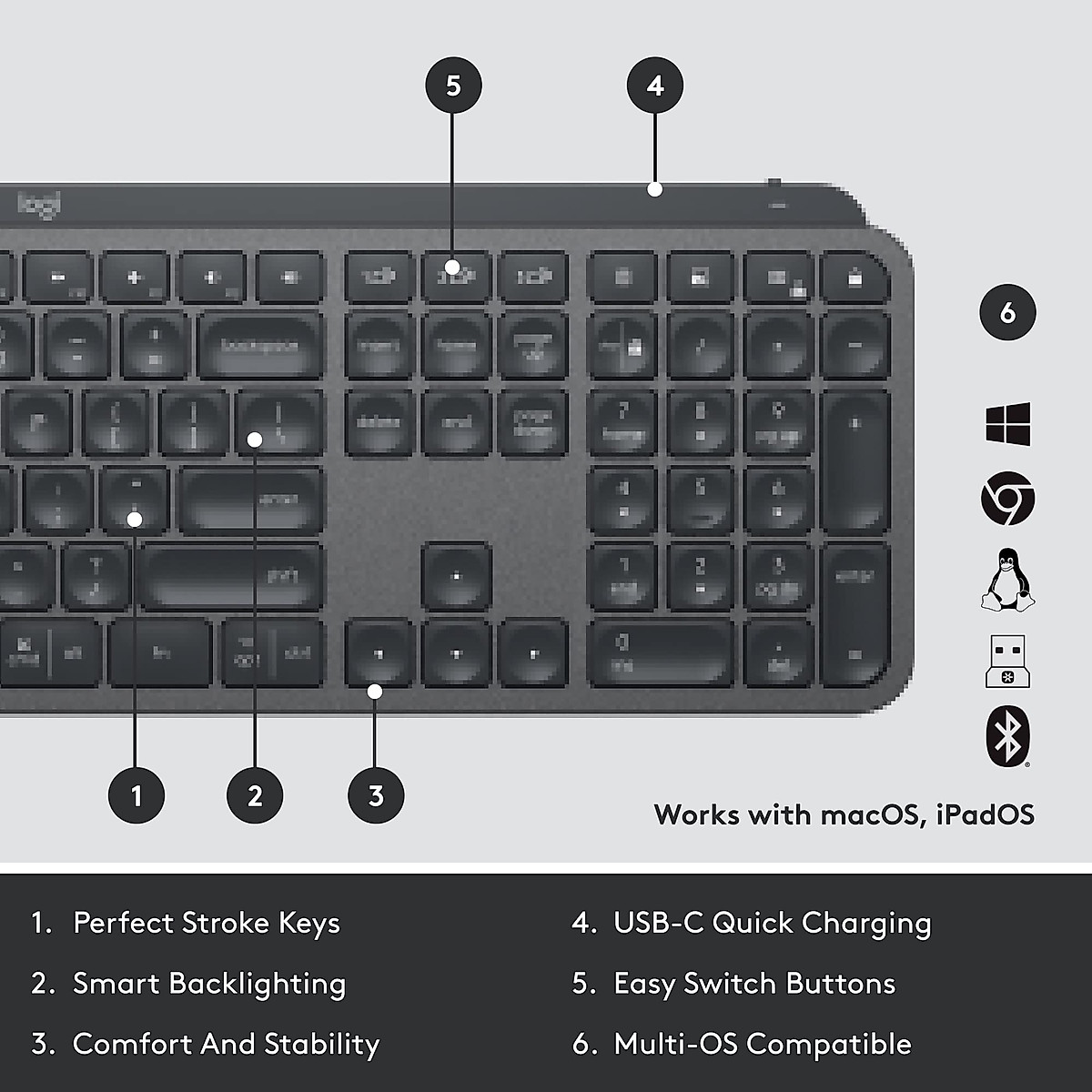 Logitech MX Keys Wireless Illuminated Keyboard, Quiet Perfect-Stroke Keys, Logi Bolt Technology, Bluetooth, Rechargeable, Globally Certified, Windows/Mac/Chrome/Linux - Graphite