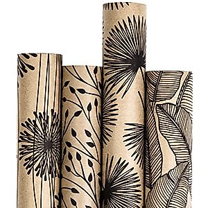 RUSPEPA Wrapping Paper Kraft Paper - Plants All-Black Paint Design - 4 Rolls - 30 inches x 10 feet per Roll