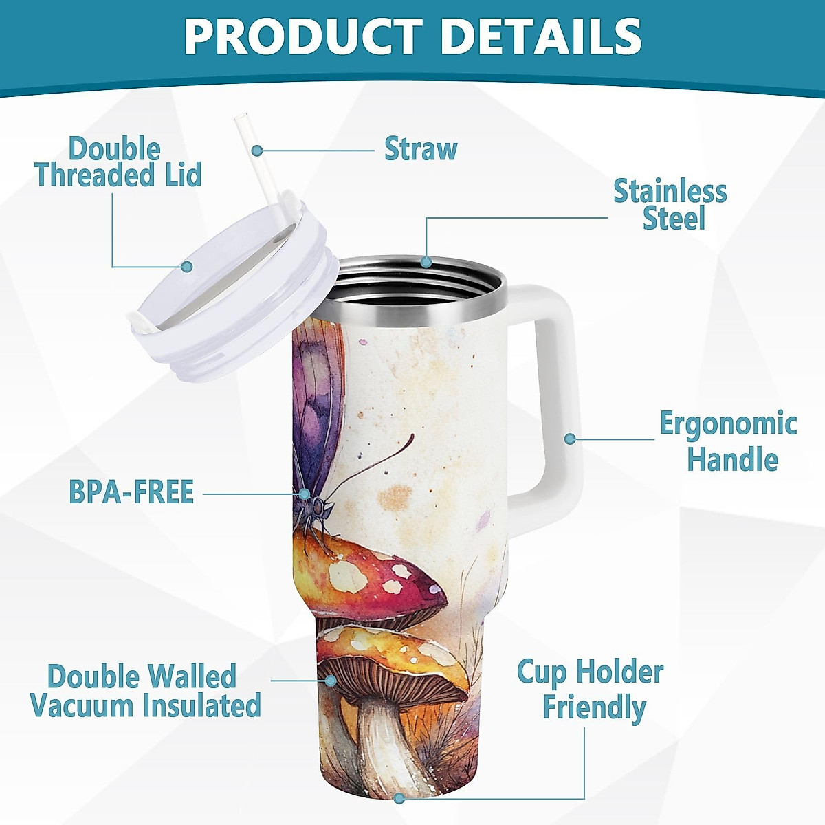ALAZA Mushrooms Butterfly 40 oz Tumbler Water Bottle with Straw Lid and Handle,Reusable Insulated Stainless Steel Cup for Women Men Travel Car Cup Holder