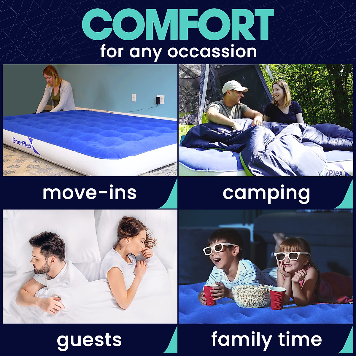 EnerPlex Camping Air Mattress with Built in Pump - Queen Blow Up Mattress for Travel & Guests - Portable Bed for Adults and Kids - Grey