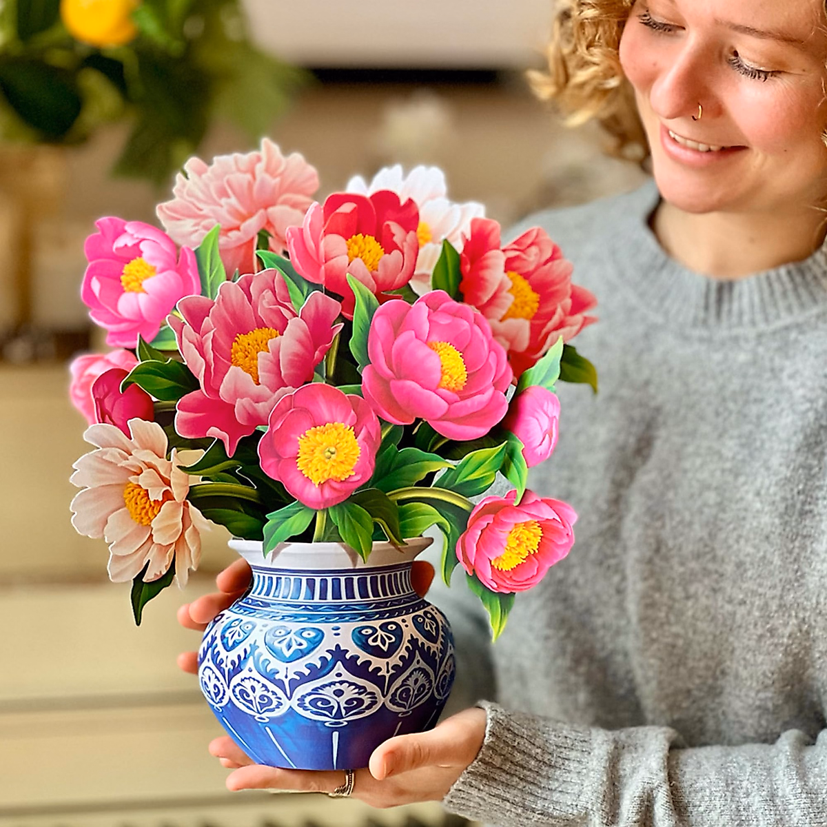 Freshcut Paper Pop Up Cards, Peony Paradise 12 inch Paper Flower Bouquet Greeting Cards with Blank Note Card & Envelope, Birthday Gifts for Women