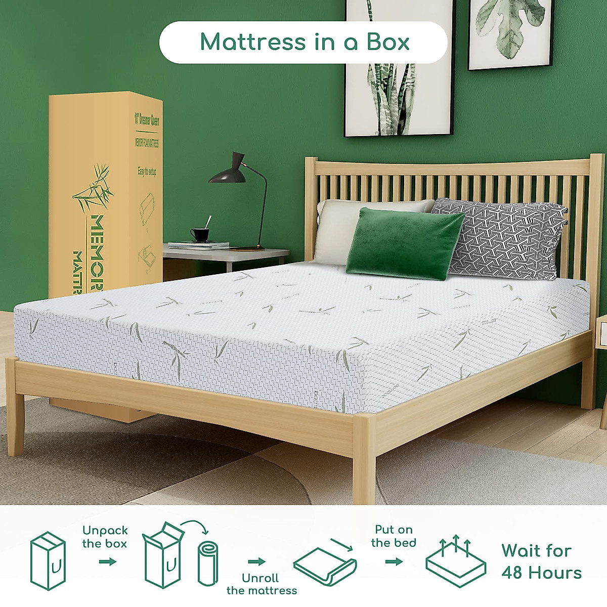 Airdown Queen Mattress, 10 Inch Memory Foam Mattress in a Box with Breathable Bamboo Cover, Medium Firm Green Tea Gel Mattress for Pressure Relieving, CertiPUR-US Certified, Made in USA White