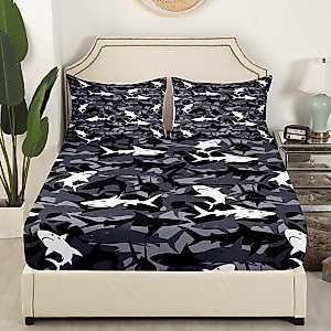 Erosebridal Camo Sharks Fitted Sheet Set Twin Black White Grey Camouflage Ocean Animal Bedding Sets for Kids Boys Teen Cool Shark Bed Sheets,Soft Microfiber Cool Wildlife Top Flat Sheet 1 Pillow Case