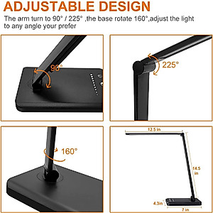 LED Desk Lamp Table Lamp Dimmable Reading Lamp with USB Charging Port 5 Lighting Modes 5 Brightness Levels, Sensitive Control, 30/60 min Auto Timer, Eye-Caring Office Lamp (Black 1.0)
