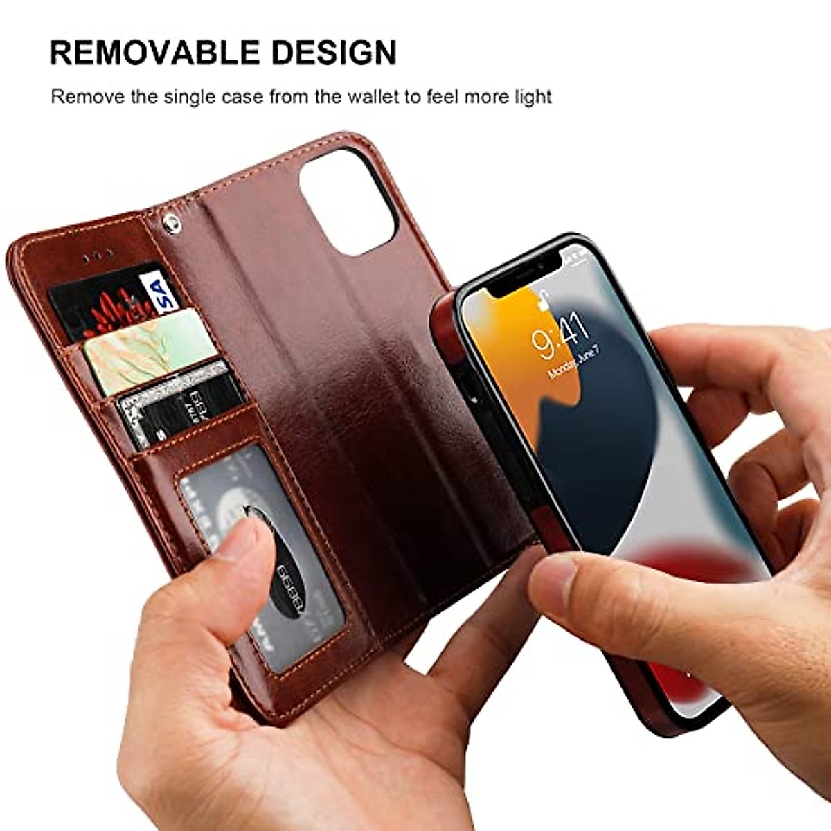 Bocasal Detachable Wallet Case for iPhone 13 Mini RFID Blocking Card Slots Holder Premium PU Leather Magnetic Kickstand Shockproof Wrist Strap Removable Flip Protective Cover 5G 5.4 inch (Brown)