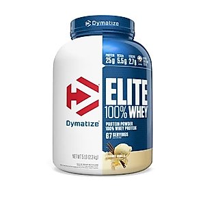 Dymatize Elite 100% Whey Protein Powder, 25g Protein, 5.5g BCAAs & 2.7g L-Leucine, Quick Absorbing & Fast Digesting for Optimal Muscle Recovery, Gourmet, 5 Pound Vanilla 80 Ounce