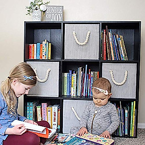 EZOWare Set of 8 Bamboo Fabric Storage Bins with Cotton Rope Handle for Nursery Toys, Gray + Beige