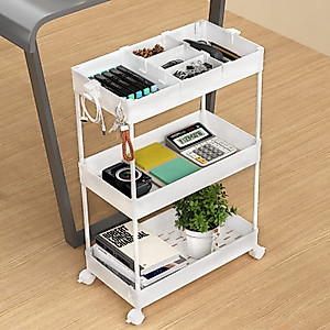 SPACELEAD 3 Tier Rolling Cart with Wheels, Storage Craft Art Trolley Organizer Serving, 3 Hanging Baskets Easy Assembly, for Office, Living Room, Kitchen, White