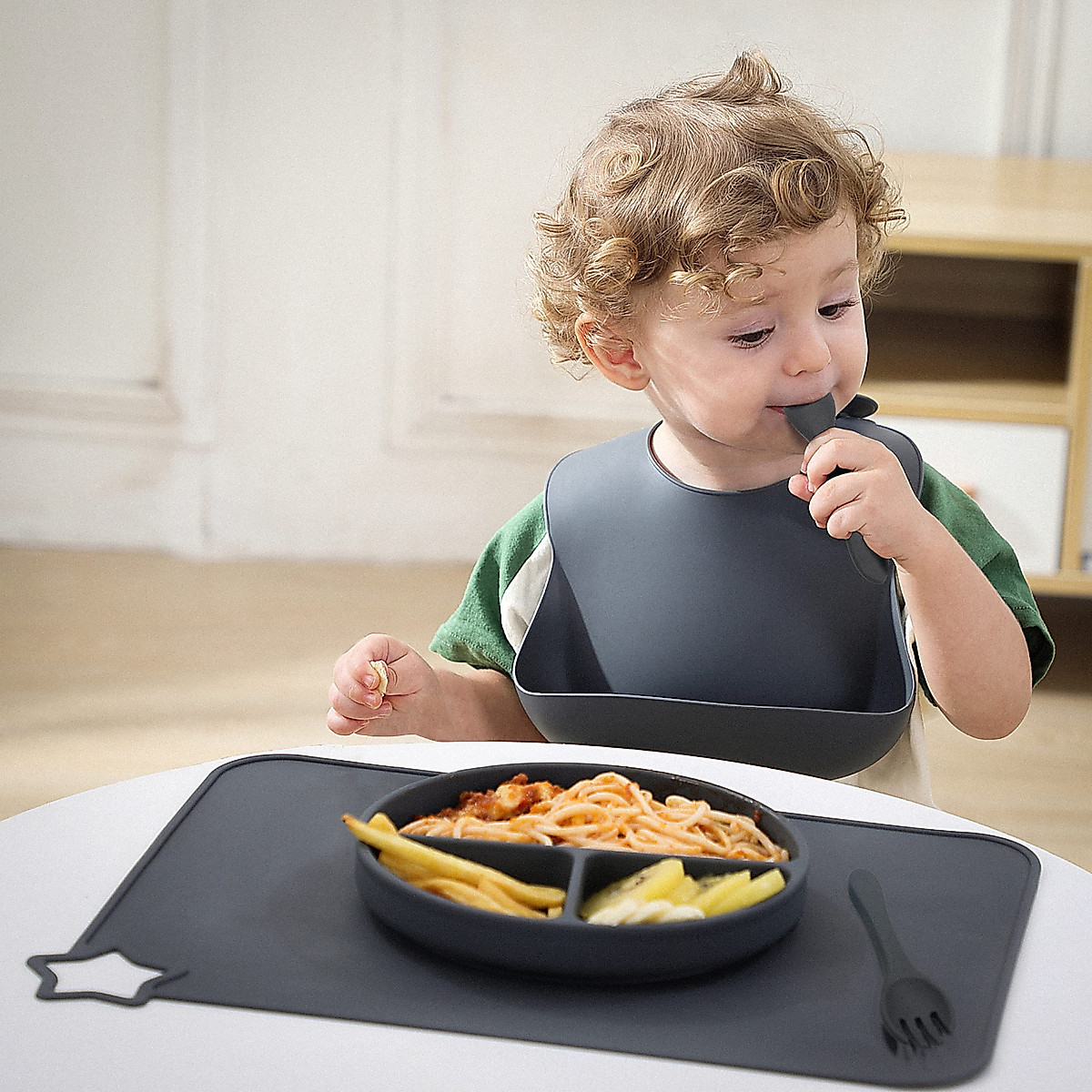 Baby Self Feeding Utensils Set, Toddler Led Weaning Feeding Supplies -Adjustable Silicone Bibs, Silicone Suction Divided Plate with Silicone Placemat,Spoon,Fork - Aids Self Feeding Kit (Warm Pink)