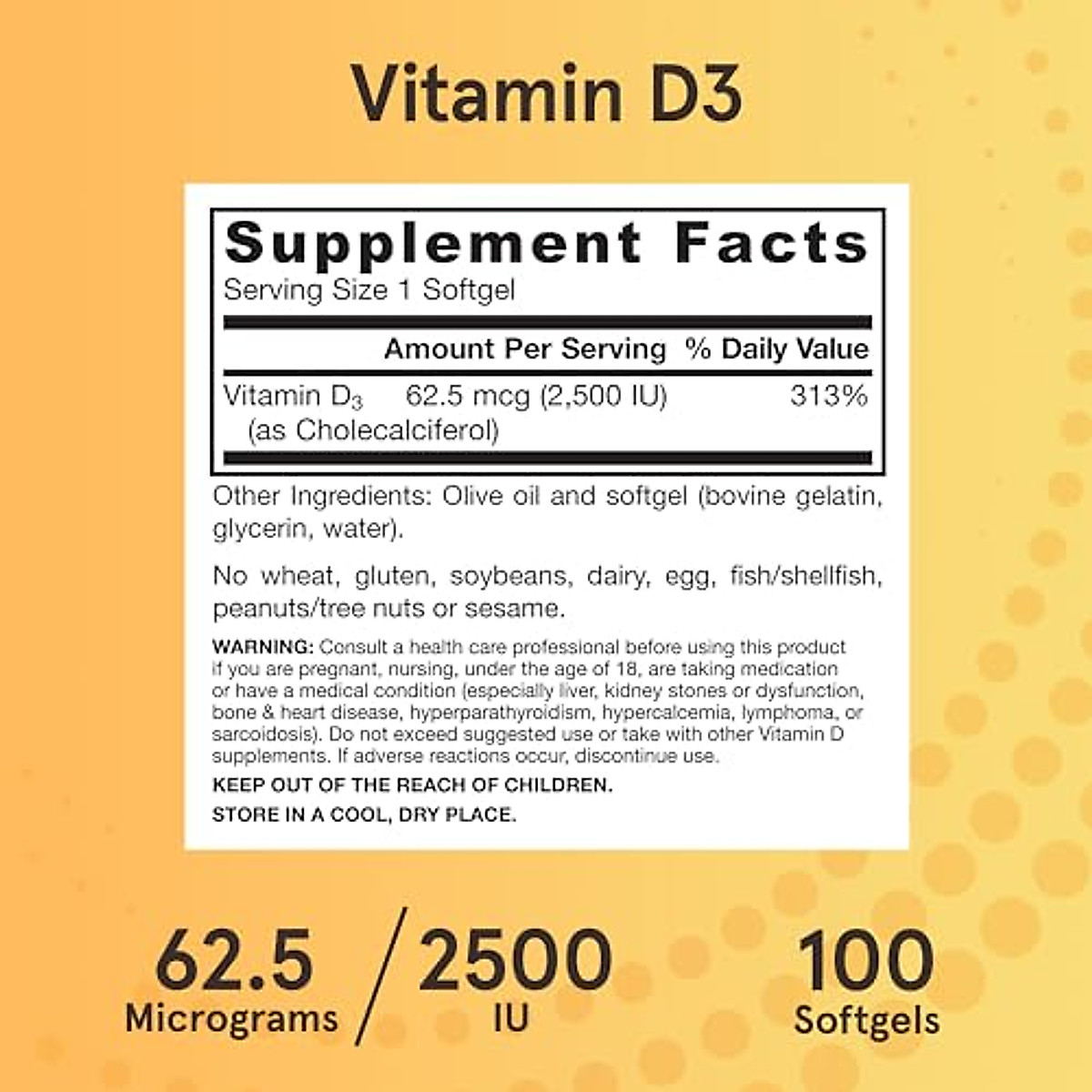 Jarrow Formulas Vitamin D3 62.5 mcg (2,500 IU) - 100 Servings (Softgels) - Bone Health, Immune Support & Calcium Metabolism Support - Vitamin D Supplement - D3 Vitamins - 2500 Vitamin D - Gluten Free