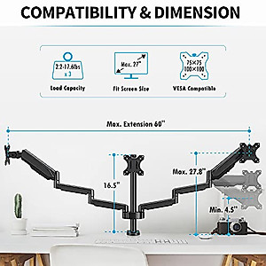 MOUNTUP Triple Monitor Stand Mount - 3 Monitor Desk Mount for Computer Screens Up to 27 inch, Triple Monitor Arm with Gas Spring, Heavy Duty Monitor Stand, Each Arm Holds Up to 17.6 lbs, MU0006