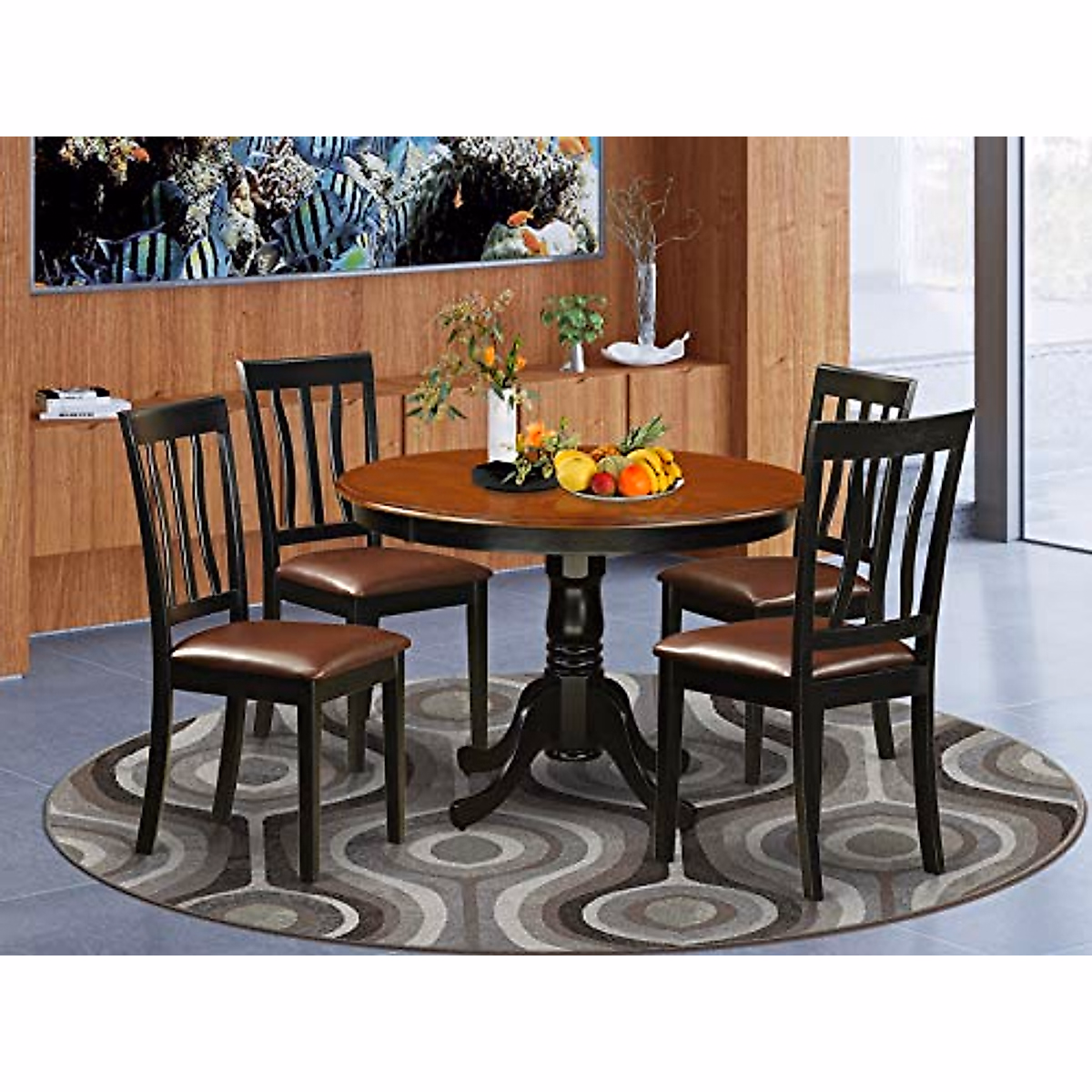 East West Furniture HLAN5-BCH-LC 5 Piece Dining Set Includes a Round Dining Table with Pedestal and 4 Faux Leather Kitchen Room Chairs, 42x42 Inch, Black & Cherry