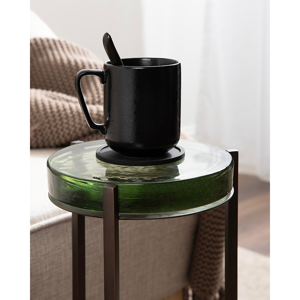 Kate and Laurel Aguilar Modern Drink Table, 9 x 9 x 23, Sage Green Glass and Bronze, Unique Round Glass Mini Table for Use as Bathroom Accent Table or Pedestal Martini Table