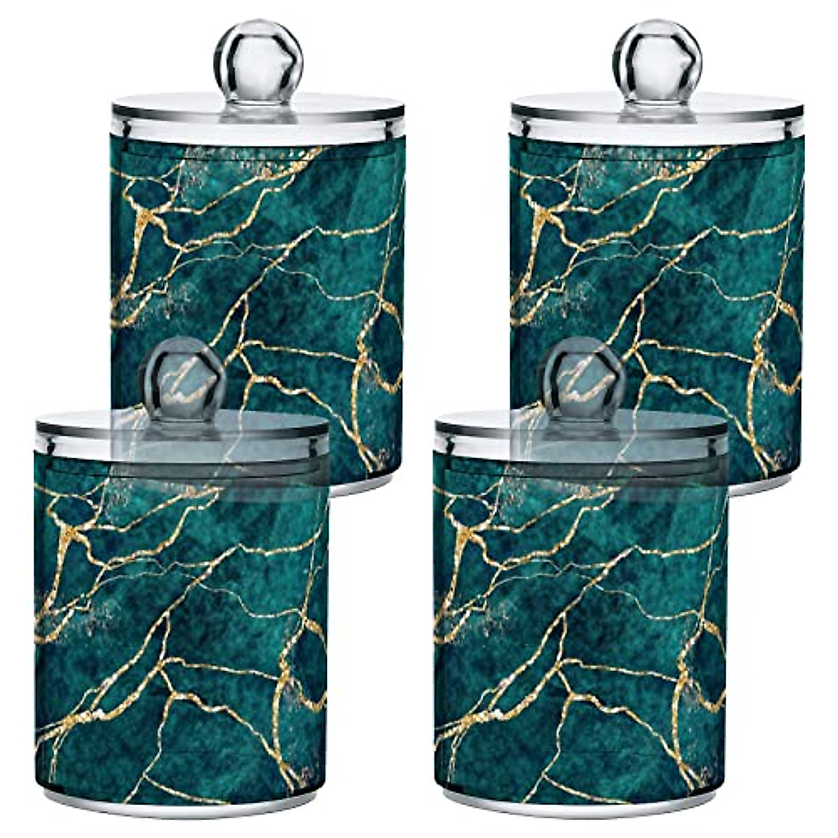 xigua 4 Pack Gold Green Marble Apothecary Jars with Lid, Qtip Holder Storage Containers for Cotton Ball, Swabs, Pads, Clear Plastic Canisters for Bathroom Vanity Organization (10 Oz)
