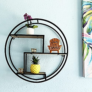 Admired By Nature Mounted Iron Hanging Storage 3 tier Floating Shelves Wall Shelf, Round Black Large