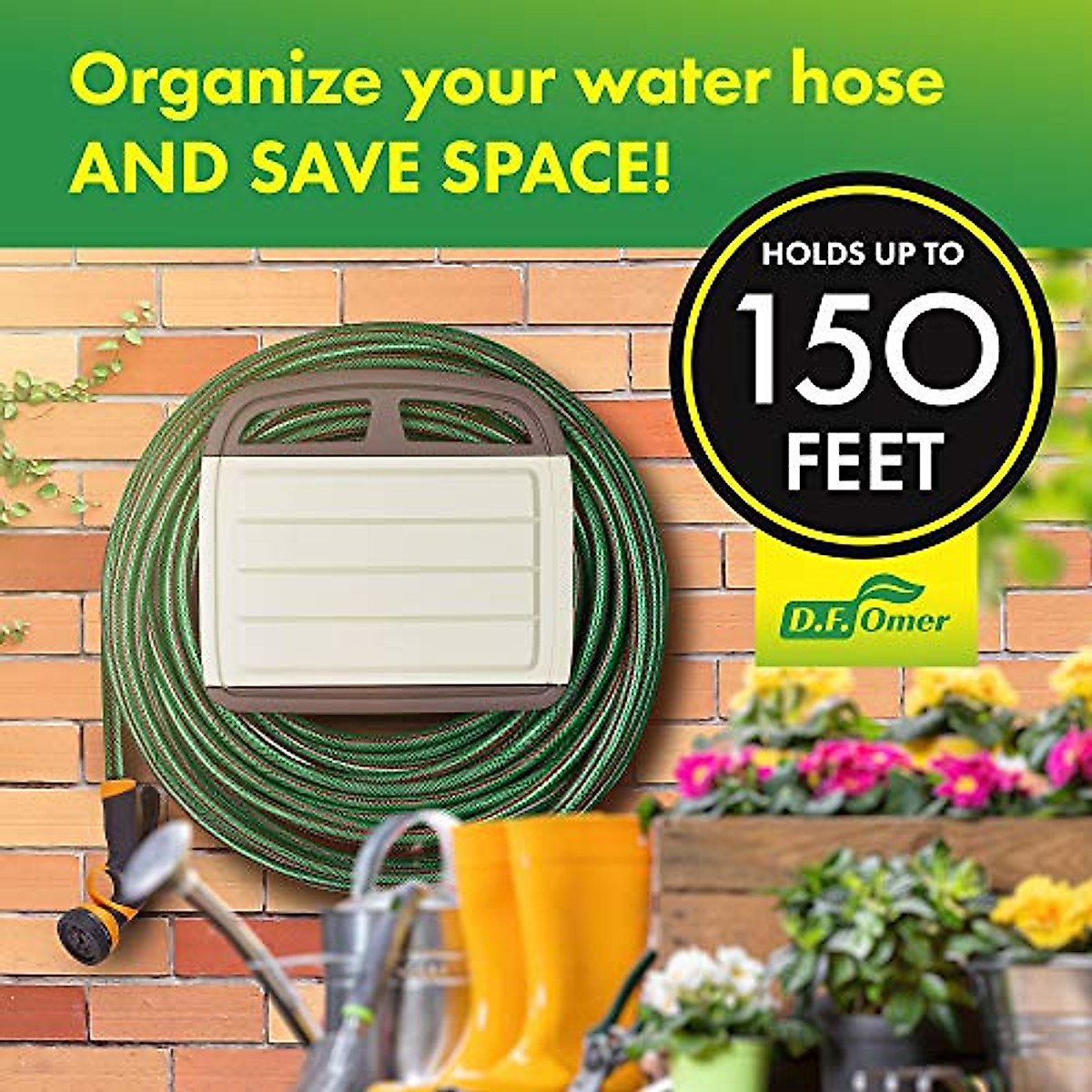 DF OMER Plastic Garden Water Hose Holder with Storage Compartment Fits 150 ft. Hose – 10x7x5 in. Weatherproof Wall Mount Hose Rack Hanger for Outside with 2 Shelves for Garden Equipment