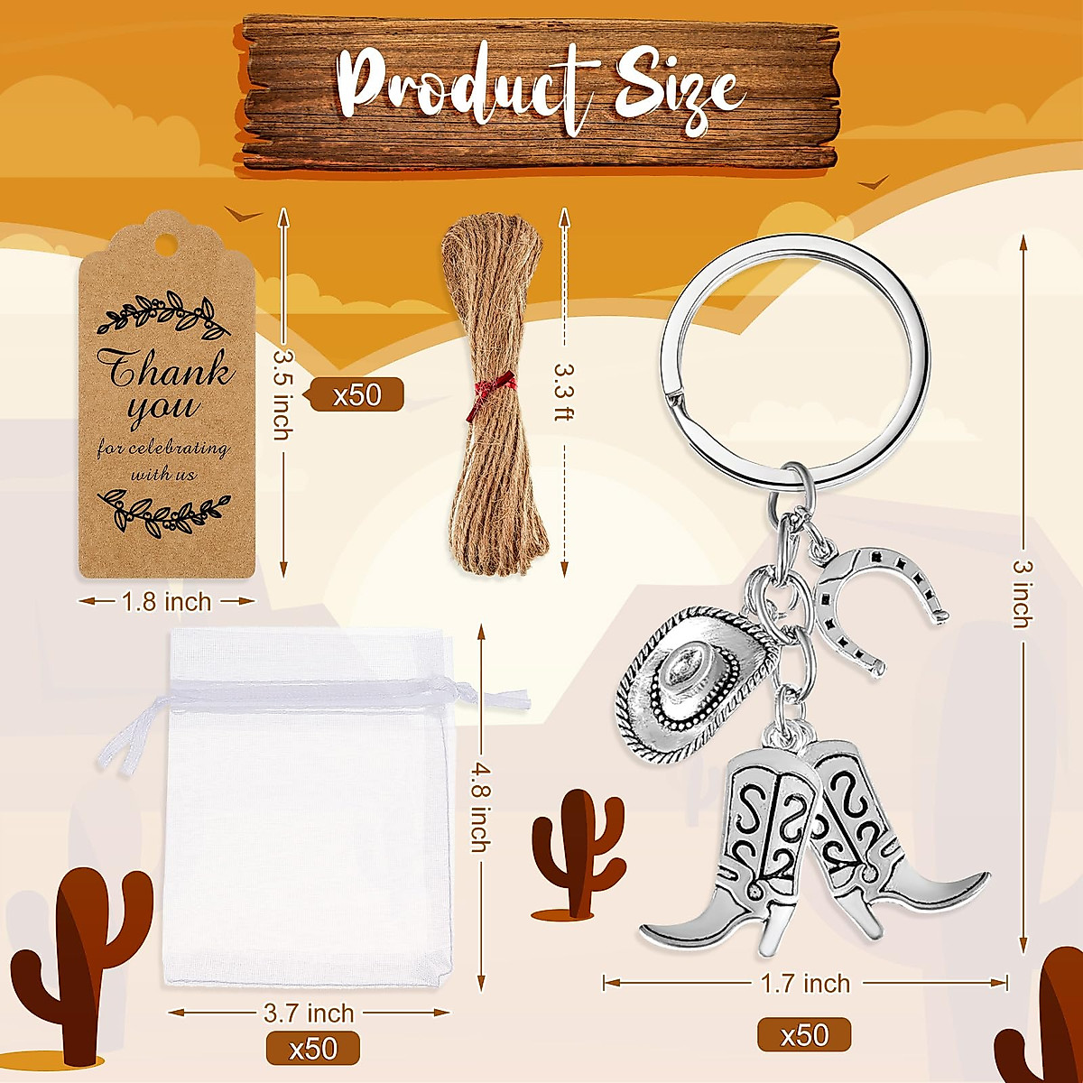 151 Pcs Cowboy Western Party Favors Cowboy Keychain Western Keychain Cowboy Hat Boot Horse Shoe Keyring with Organza Bags Thank You Tags and Rope for Guests Engagement Western Party Favor Supplies