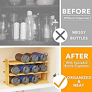 SpaceAid Bamboo Water Bottle Organizer with Labels, Kitchen Pantry Water Bottle Storage Rack for Cabinets, Home Cup and Wine Bottle Holder Shelf Organizers, (3-Tier, Hold 12 Bottles)