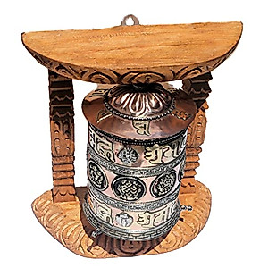 Large Tibetan Prayer wheel with wood frame 8 Auspiciouse symbol and Om Mane Pad mei hum, Hang it or sits in flat surface,handcrafted by Himalayan artisan in Nepal