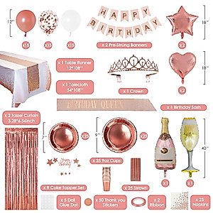 RUBFAC 248pcs Rose Gold Birthday Party Decorations Kit for Women Girls, Happy Birthday Banners, Balloons, Tablecloth, Table Runner, Sash, Tiara, Plates, Cups, Napkins Straws Party Supplies