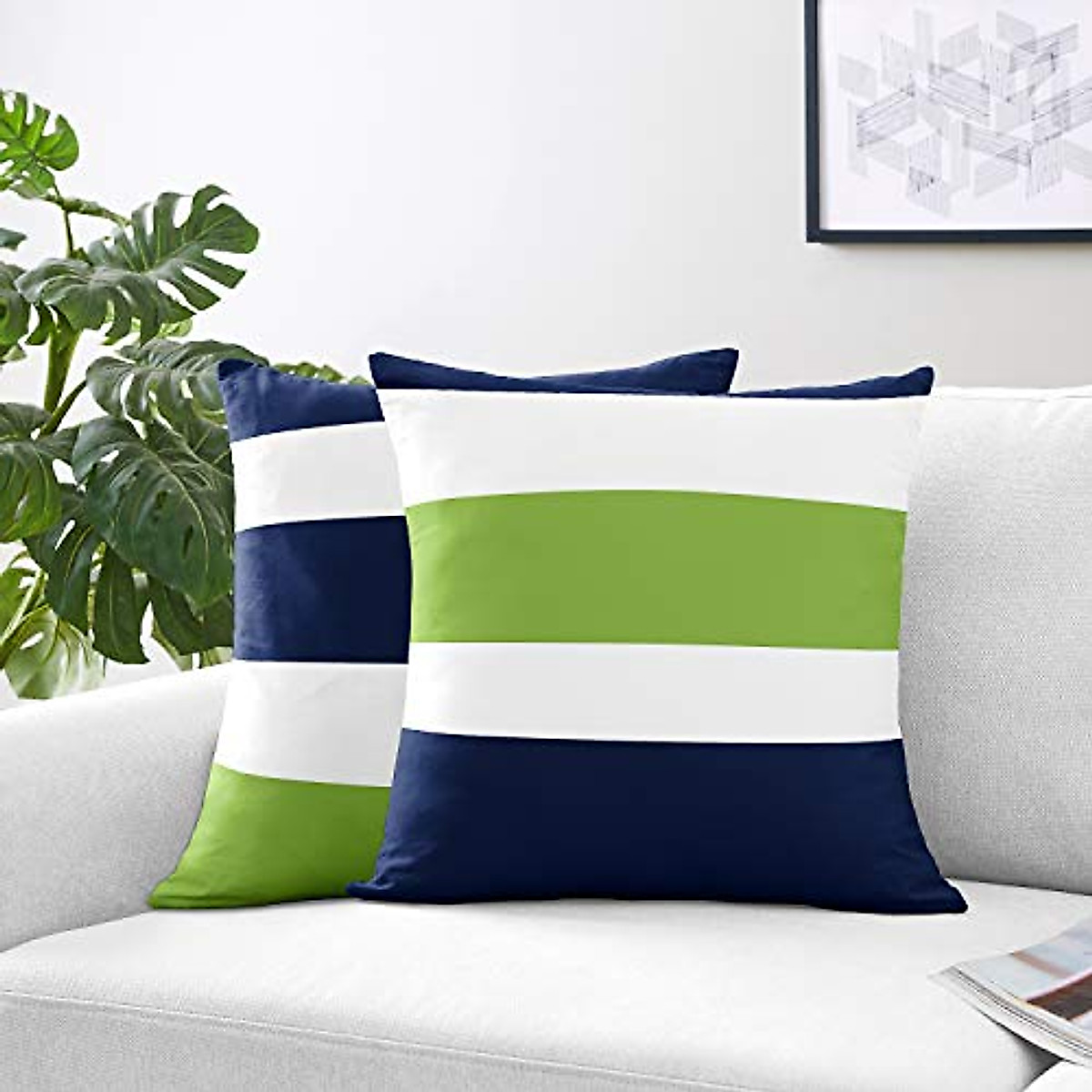 Sweet Jojo Designs Navy Blue, Lime Green and White Decorative Accent Throw Pillows for Stripe Collection - Set of 2