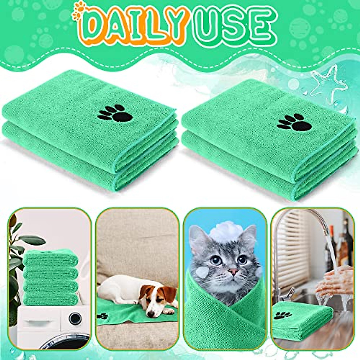 Chumia 4 Pack Pet Grooming Towel Absorbent Dog Towels for Drying Dogs Soft Microfiber Dog Drying Towel Quick Drying Large Dog Bath Towel for Dogs, Cats and Other Pets (Green, 16 x 31 Inch)