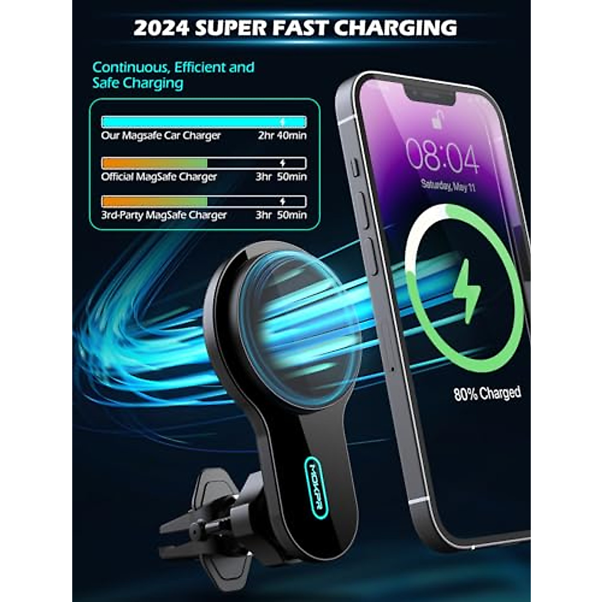 MOKPR for MagSafe Car Mount Charger, 15W Heat Dissipation Wireless Car Charger Fast Charging Magnetic Phone Holder Mount Automobile Car Holder Vent Fits iPhone 15 Pro Max Plus 14 13 12 MagSafe Case