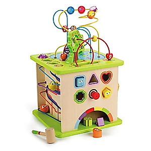 Country Critters Wooden Activity Play Cube by Hape | Wooden Learning Puzzle Toy for Toddlers, 5-Sided Activity Center with Animal Friends, Shapes, Mazes, Wooden Balls, Shape Sorter Blocks and More, 13.78 x 13.78 x 19.69 inches