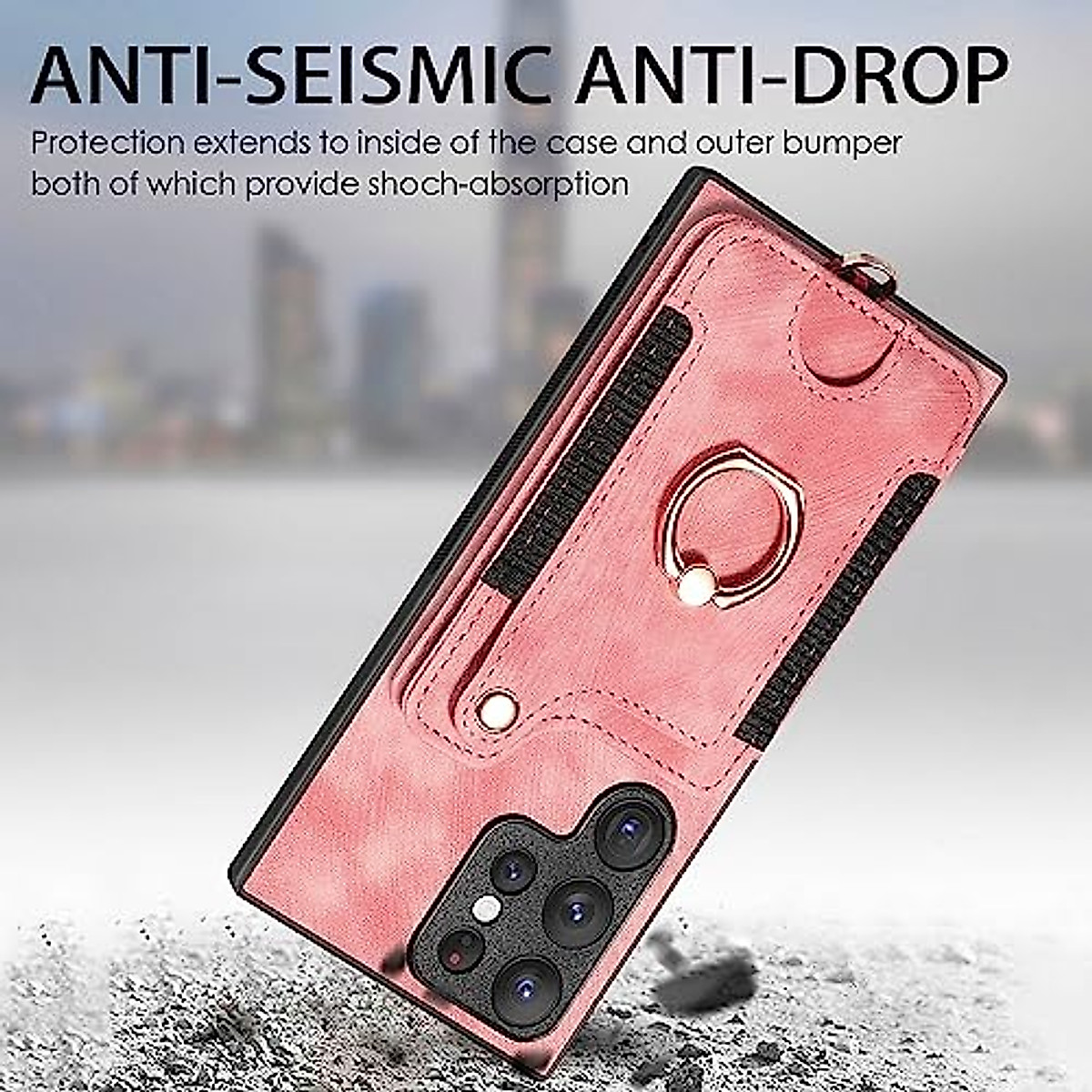 AIYZE ATOP Compatible with Samsung Galaxy S22 Ultra Case Wallet Leather | Wrist Strap | Kickstand | Card Slot | RFID Blocking | Ring Hoder | Magnetic Car Mount Function Phone Cover - Pink
