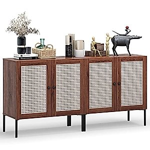 Giantex 2 Pcs Sideboard with Storage, Kitchen Buffet with 2 Rattan Doors, Liquor Cabinet, Wood Cupboard, Accent Furniture for Dining Room, Console Table for Entryway 31.5”Lx 16”Wx 31.5”H (Walnut)
